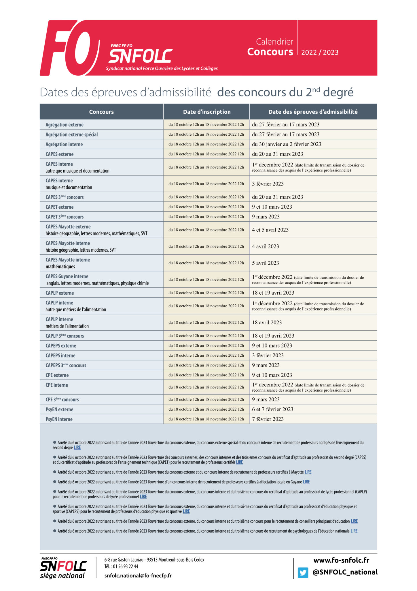 Calendrier des concours 2022 – 2023 – SNFOLC Toulouse
